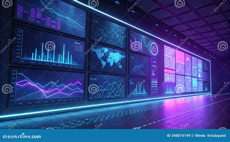 Futuristic Data Center Control Room With Glowing Screens Displaying Graphs And Charts Stock