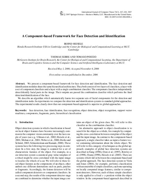 Pdf A Component Based Framework For Face Detection And Identification