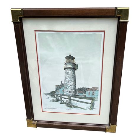 1970s Signed Lighthouse Lithograph In Frame With Brass Corners New