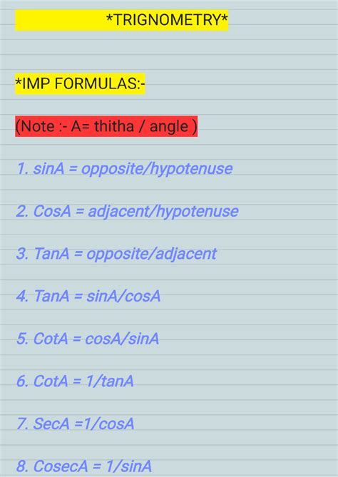Trignometry Very Imp Formulas Assignments Mathematics Docsity