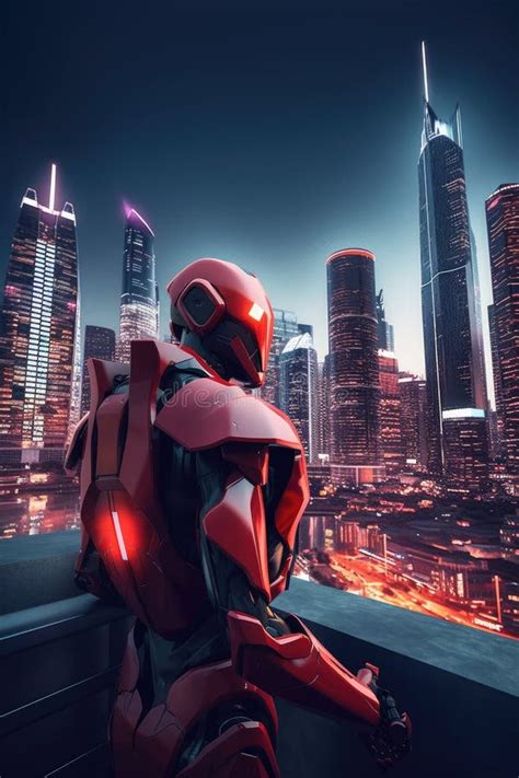 Robot With A Glowing Red Visor In Cityscape Generative Ai Stock