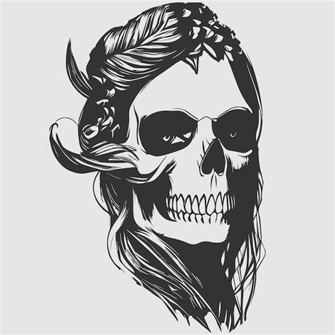 Tatuagem De Caveira Feminina Desenhada à Mão Vetor Preto E Branco