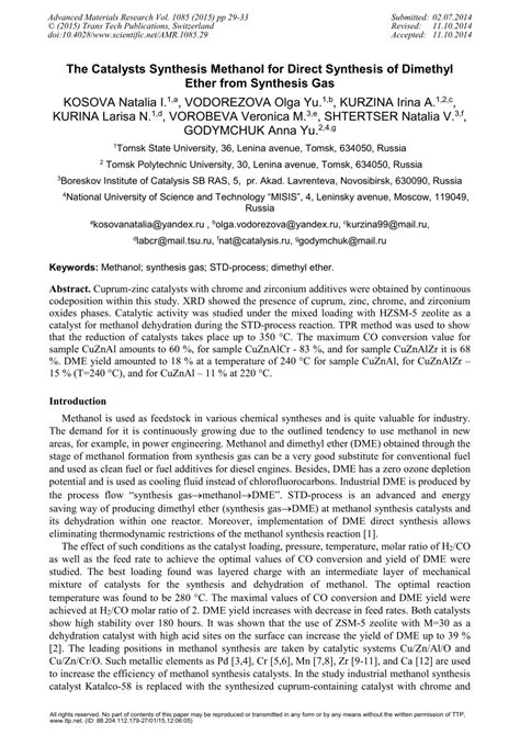 Pdf The Catalysts Synthesis Methanol For Direct Synthesis Of Dimethyl