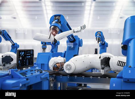 3d Rendering Robot Assembly Line Producing Cyborg In Factory Stock