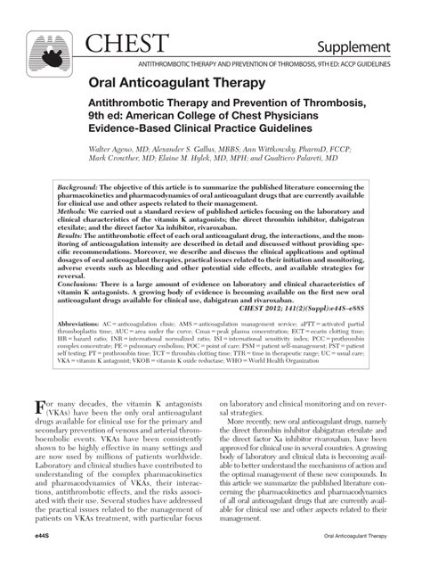 Pdf Oral Anticoagulant Therapy Antithrombotic Therapy And Prevention Of Thrombosis 9th Ed