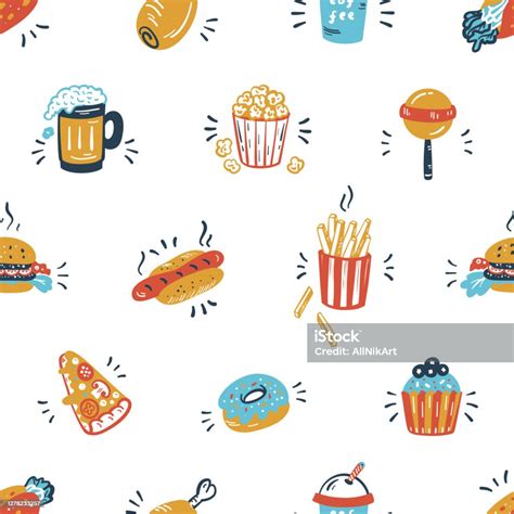 벡터 패스트 푸드 아이콘 원활한 패턴 낙서 건강에 해로운 거리 음식 반복 배경 패턴에 대한 스톡 벡터 아트 및 기타 이미지