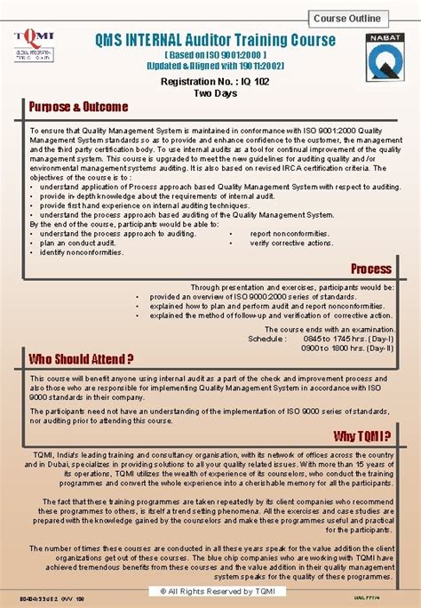 Course Outline Course QMS Internal Auditor Training Course