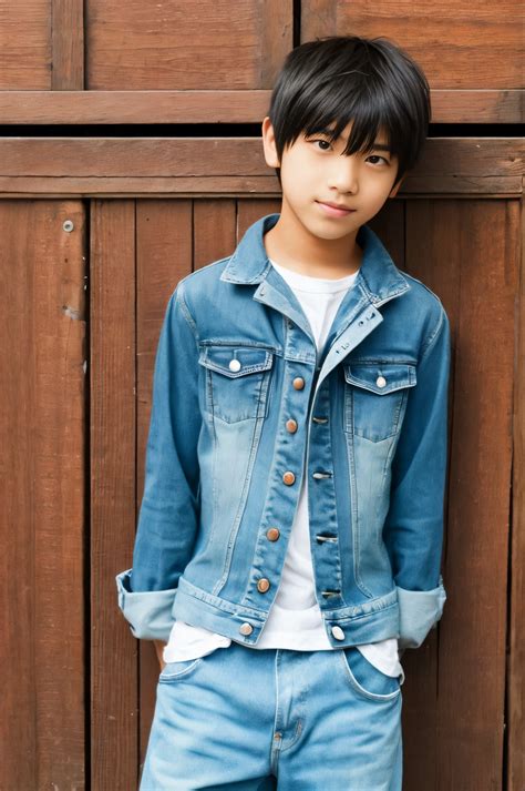 A Close Up Of A Young Man In A Denim Jacket Leaning Against A Wooden