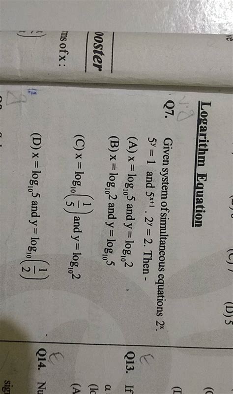 Logarithm Equation Q7 Given System Of Simultaneous Equations 2x 5y1 An