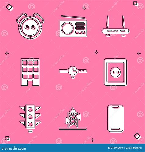 Set Robot Vacuum Cleaner Radio Router And Wi Fi Signal House Wrist Watch Electrical Outlet