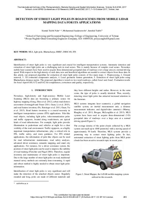 Pdf Detection Of Street Light Poles In Road Scenes From Mobile Lidar