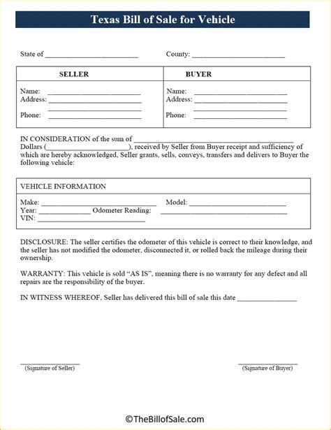 Texas Bill Of Sale Form Car At Sabrina Swensen Blog