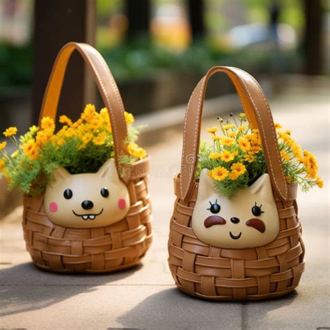 Kawaii Street Art Brown Baskets Filled With Yellow Flowers Stock