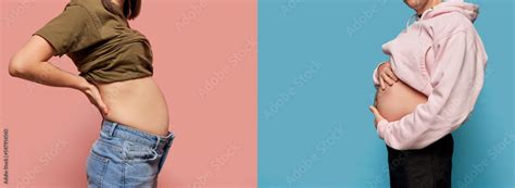 Pregnancy Or Overweight Cropped Image Of Male And Female Body Models