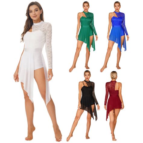 Sxiwei Womens Fashion Lace Patchwork One Shoulder Leotard Dress Split