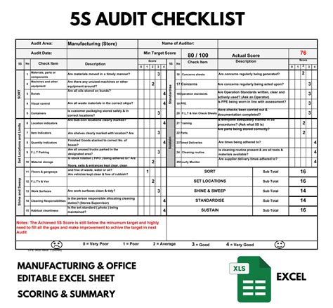5s Audit Checklist Manufacturing Office Editable Excel Sheet Lean 5s Checklist Production Audit