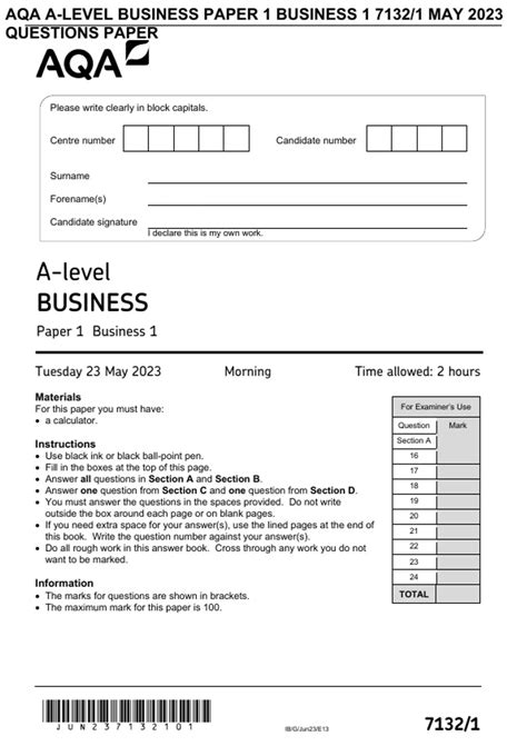 aqa a level business paper 1 business 1 7132 1 may 2023 questions paper