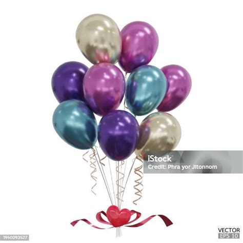 현실적인 보라색 다채로운 풍선 묶음 와 빨간 심장 와 리본 와 백색 배경 고립된 절연 풍선의 꽃다발 파티 카드 장식 생일 축하를 위해 비행 3d 벡터 일러스트 레이 션입니다