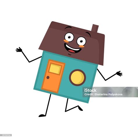 미친 행복한 감정 즐거운 얼굴 미소 눈 춤추는 팔과 다리를 가진 귀여운 집 캐릭터 재미있는 표정 재미있는 별장을 가진 사람을 짓는다 벡터 플랫 일러스트 레이 션 가공의