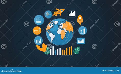 global data analysis with colorful charts surrounding a world map stock
