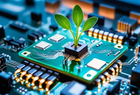 A Plant Sprout On Circuit Board With Microchip Processor Premium Ai Generated Image