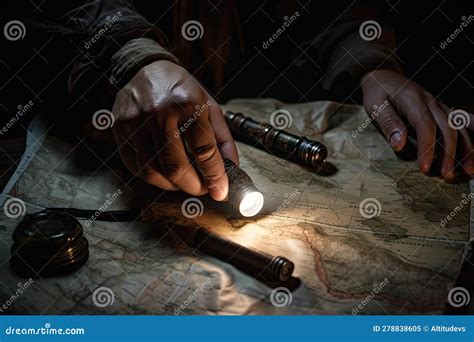 Person Searching For Hidden Treasure With Flashlight And Map In Hand Stock Illustration