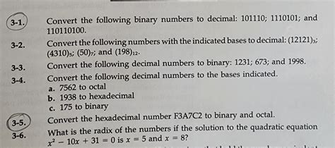 Solved 3 1 Convert The Following Binary Numbers To