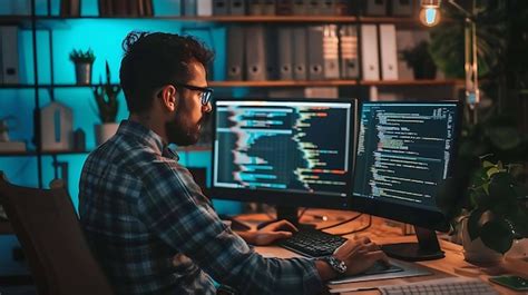 Un Joven Programador Concentrado Trabajando Hasta Tarde En La Noche En Su Programación De