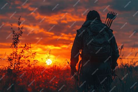 Silhouette Of A Hunter With A Backpack And Arrows Standing In A Field