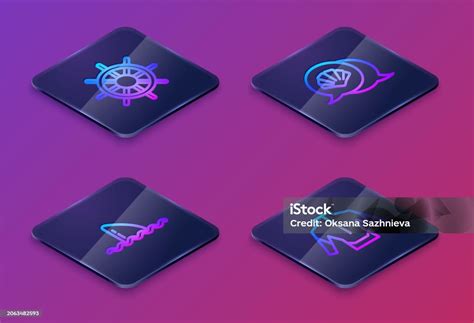 아이소메트릭 라인 선박 스티어링 휠 상어 지느러미 바다 파도 가리비 조개껍데기 및 잠수복을 설정합니다 파란색 사각형 버튼입니다