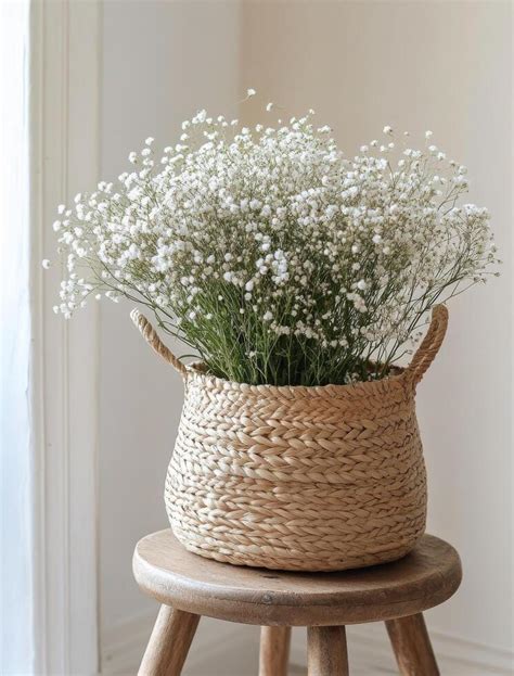 Beautiful Arrangement Of Gypsophila Flowers In A Woven Basket On A