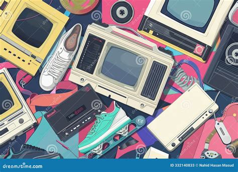 90s Pop Culture Vector Collage Featuring Iconic Items Like Cassette
