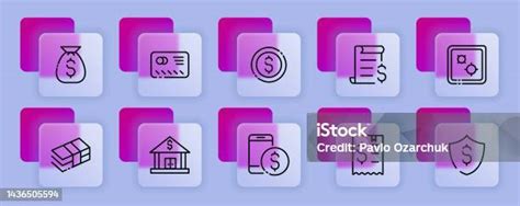 결제 세트 아이콘입니다 수표 거래 은행 온라인 스팸 봉투 주문 현금 세금 방패 급여 청구서 쇼핑 개념 유리 형태 스타일 비즈니스 및 광고에 대한 벡터 라인 아이콘 경제에