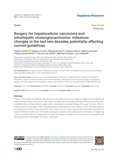 Pdf Surgery For Hepatocellular Carcinoma And Intrahepatic Cholangiocarcinoma Milestone