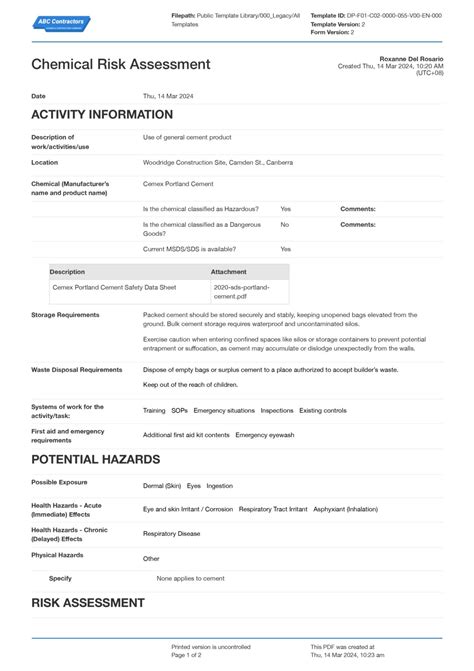 Chemical Risk Assessment Form Template Smarter Than Excel