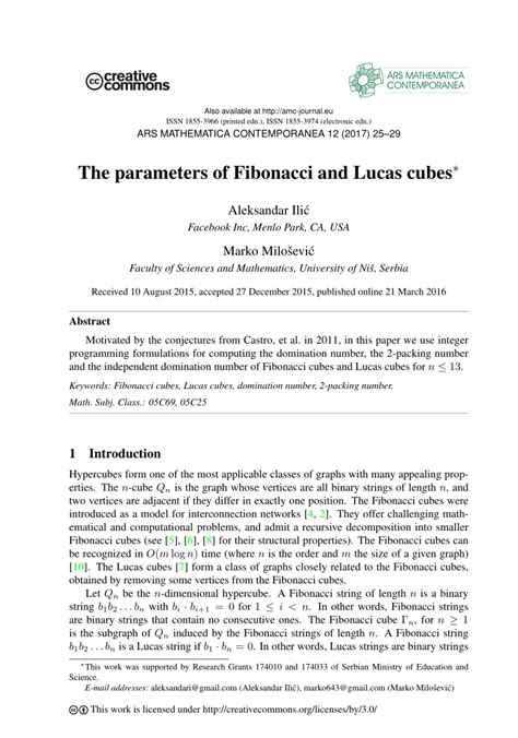 Pdf The Parameters Of Fibonacci And Lucas Cubes
