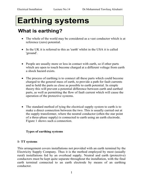 Earthing Systems Electrical Installation Lecture Notes