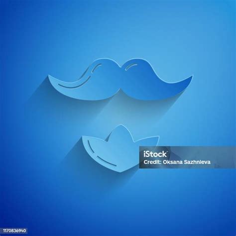 파란색 배경에 고립 된 종이 컷 콧수염과 수염 아이콘 이발소 기호입니다 얼굴 헤어 스타일입니다 종이 아트 스타일입니다 벡터 일러스트레이션 0명에 대한 스톡 벡터 아트 및