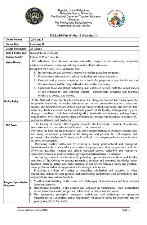 Syllabus 2s Math13 Integral Calculus Republic Of The Philippines Philippine Normal