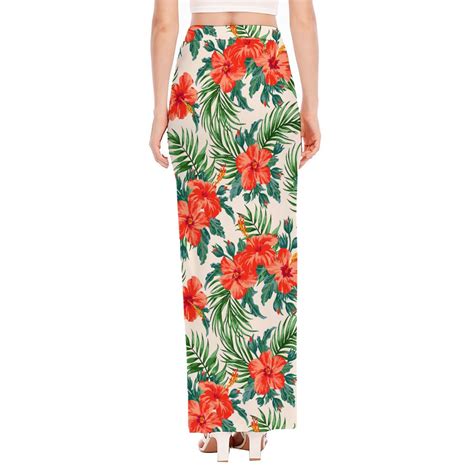 Tropical Hibiscus Blossom Pattern Print High Slit Maxi Skirt Gearfrost