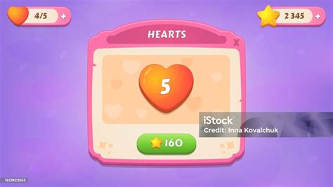 생명 마음을 사는 것 Gui 키트 게임 모바일용 캐주얼 자산 게임 인터페이스용 사용자 인터페이스 요소 및 팝업 세트입니다 개체 그룹에 대한 스톡 벡터 아트 및 기타 이미지