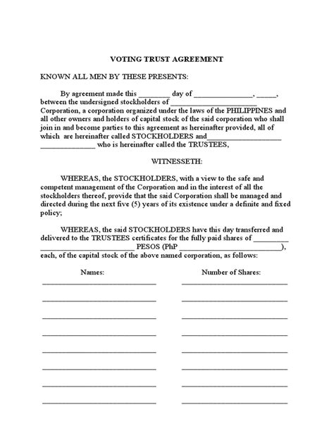 Voting Trust Agreement Pdf Trust Law Trustee