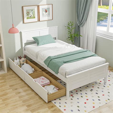Giantex Wood Twin Bed With 2 Storage Drawers Solid Wood