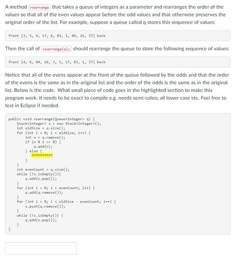 Solved A Method Rearrange That Takes A Queue Of Integers As Chegg