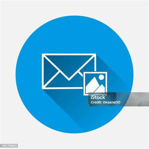 파란색 배경의 벡터 아이콘 봉투 및 가로 이미지 아이콘입니다 긴 그림자가 있는 플랫 이미지 쉽게 편집 그림을 위해 그룹화 된