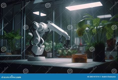 A Robotic Arm Working In A Laboratory With Fresh Green Plants Generative Ai Stock Illustration