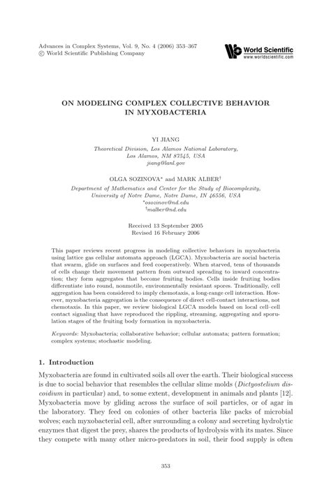 Pdf On Modeling Complex Collective Behavior In Myxobacteria