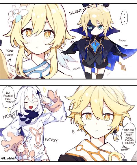 Lumine Aether Paimon And Dainsleif Genshin Impact Drawn By Kradebii Danbooru