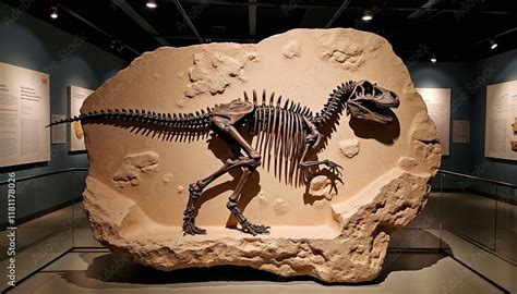 Dinosaur Skeleton Fossil Displayed In Museum Exhibit With Soft