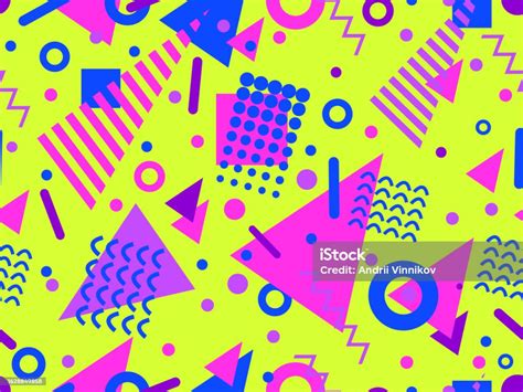 80 년대 스타일의 기하학적 이음새가 없는 패턴 다채로운 기하학적 패턴 판촉 제품 디자인 포장지 및 인쇄 벡터 일러스트 레이 션 1980 1989 년에 대한 스톡 벡터 아트